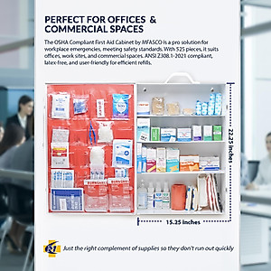 MFASCO Commercial First Aid Kit - Large 520 Piece, Metal First Aid Box for Businesses, Wall Mount First Aid Cabinet with 4 Shelf Refill, 2021 ANSI/OSHA Compliant, Ideal for Office Use - No Medications