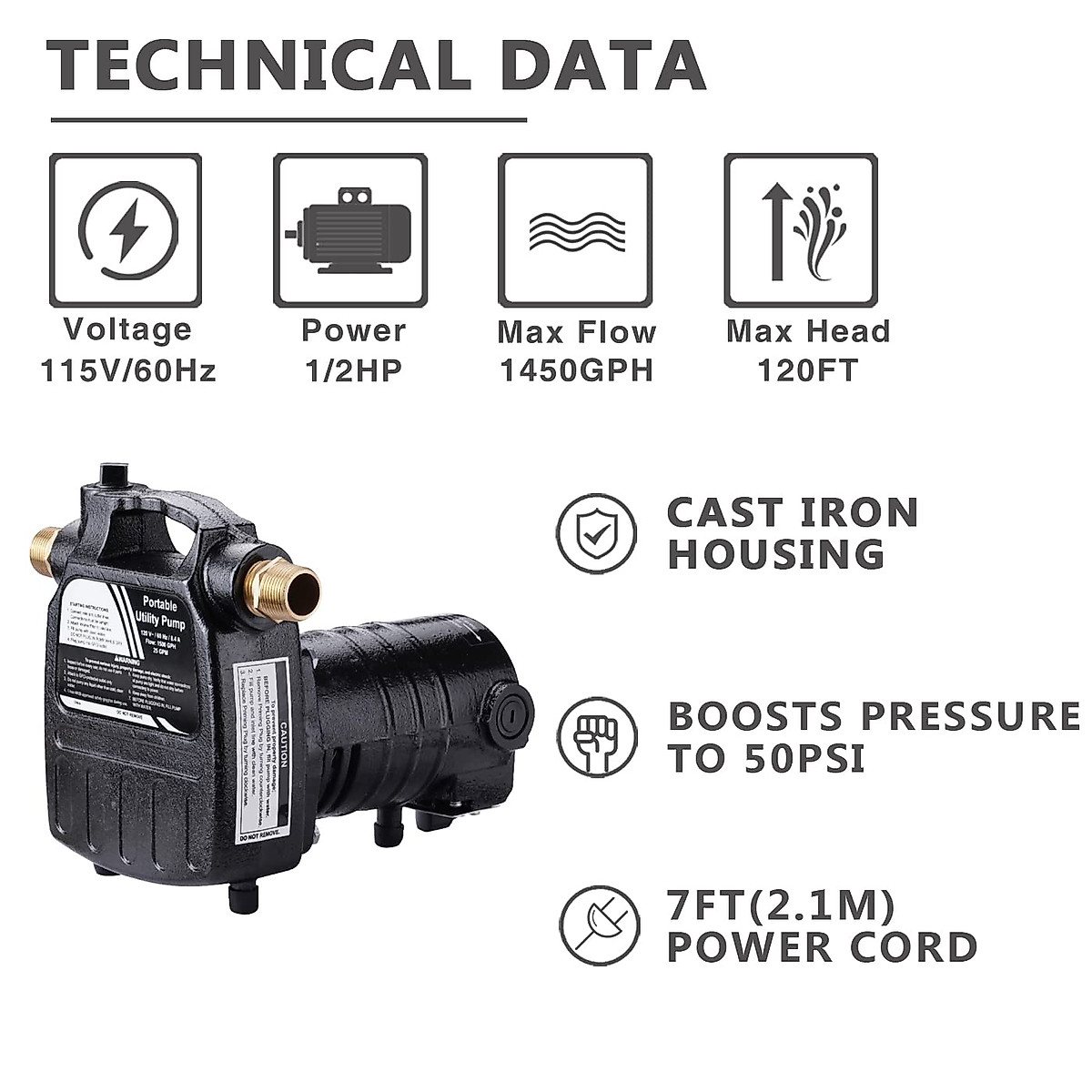 EXTRAUP 115Volt 1/2HP 1500 GPH Heavy Duty High Pressure Cast Iron Casing Water Transfer Utility Pump With Brass Connectors and Suction Strainer