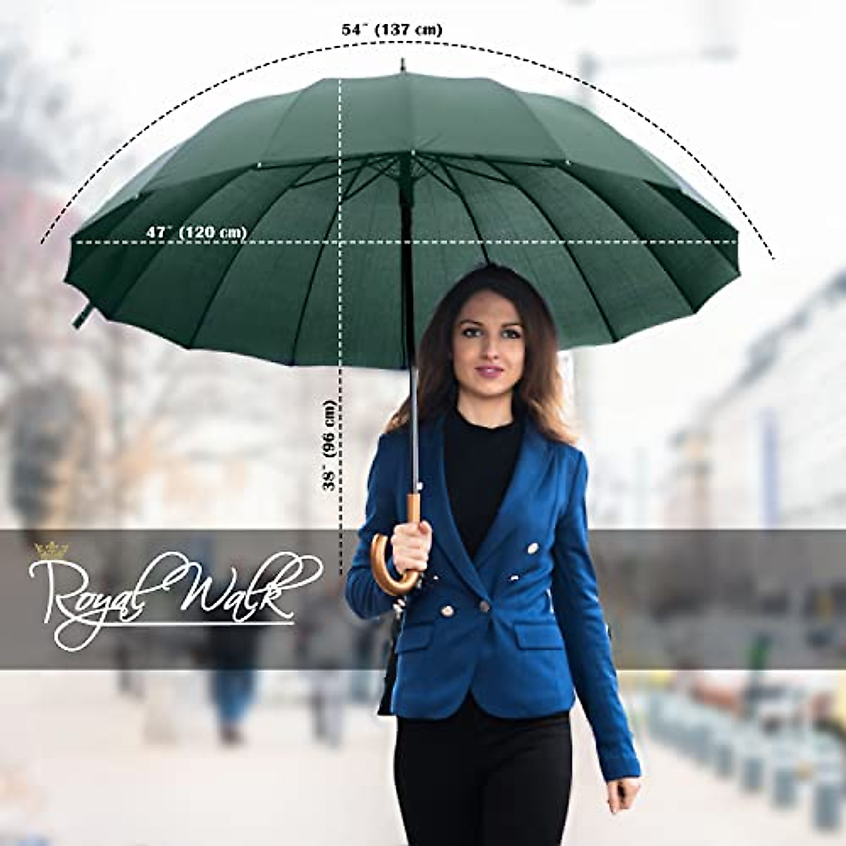 Royal Walk Large Windproof Umbrella for 2 People, 54 Inch, Dark Green, Auto Open, Wooden Handle, 16 Ribs, Travel Size