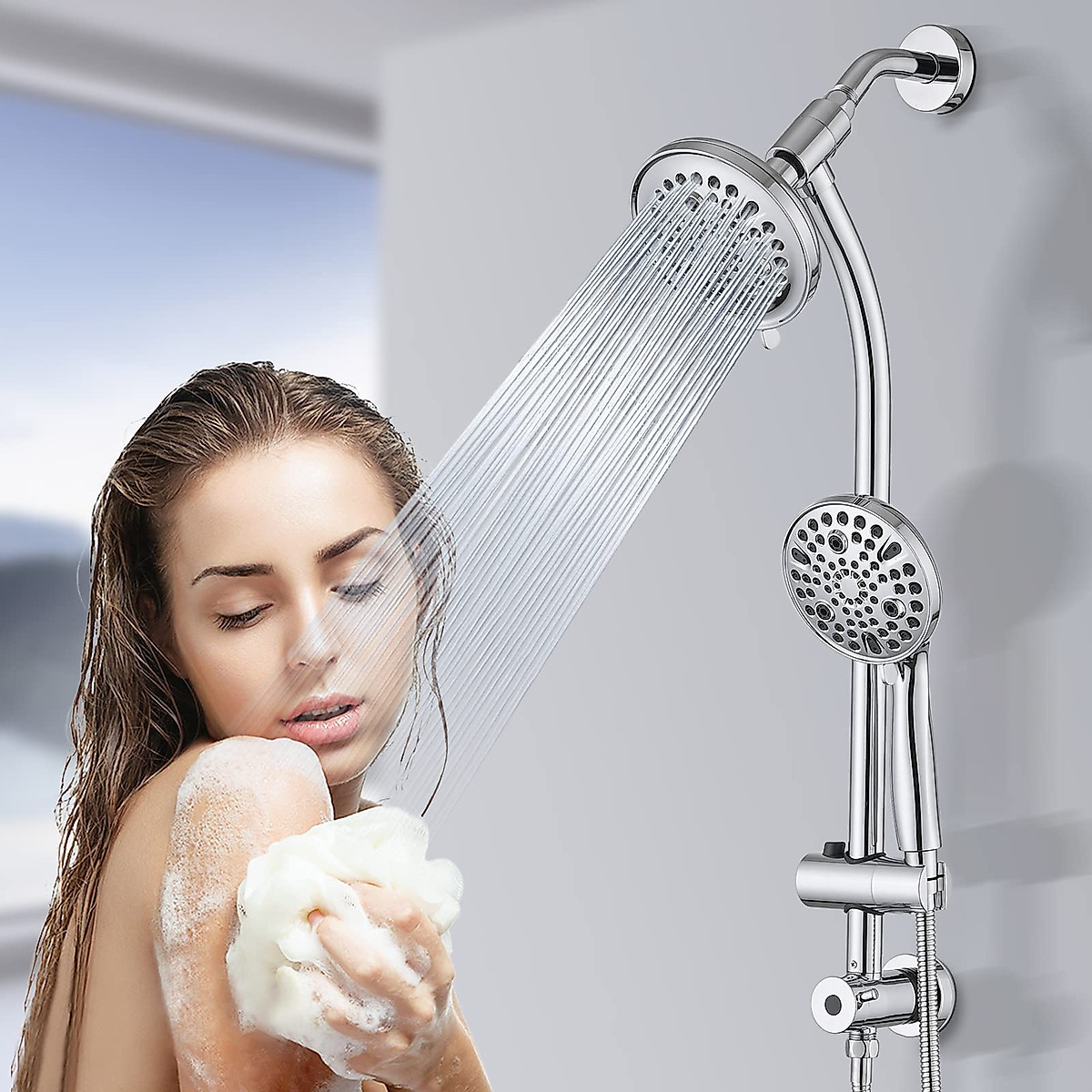 UCLIMAA Rainfall Shower Head with Handheld Shower Spray, with 26" Drill Free Adjustable Height Slider Bar, High Pressure Dual Shower Head Combo, 3-Way Diverter for Easy Reach, 5Ft Hose - Chrome Finish