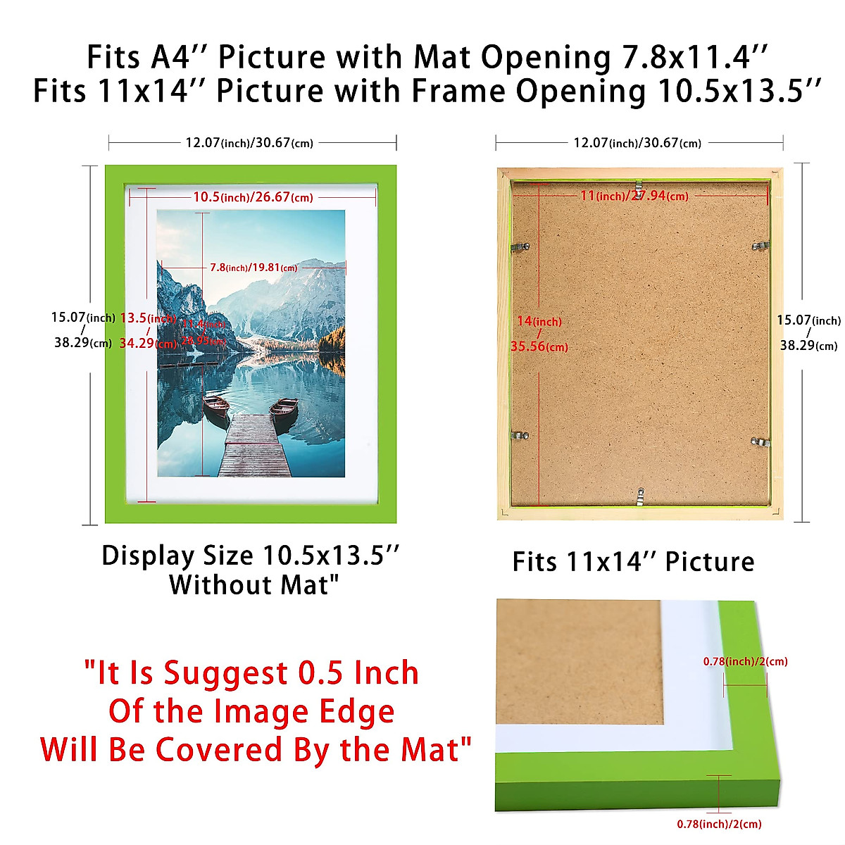 BOJIN 11x14 Picture Frames Green, Solid Wood Display Picture A4 with Mat or 11x14 Without Mat, Wall Hanging Decoration Photo Frame