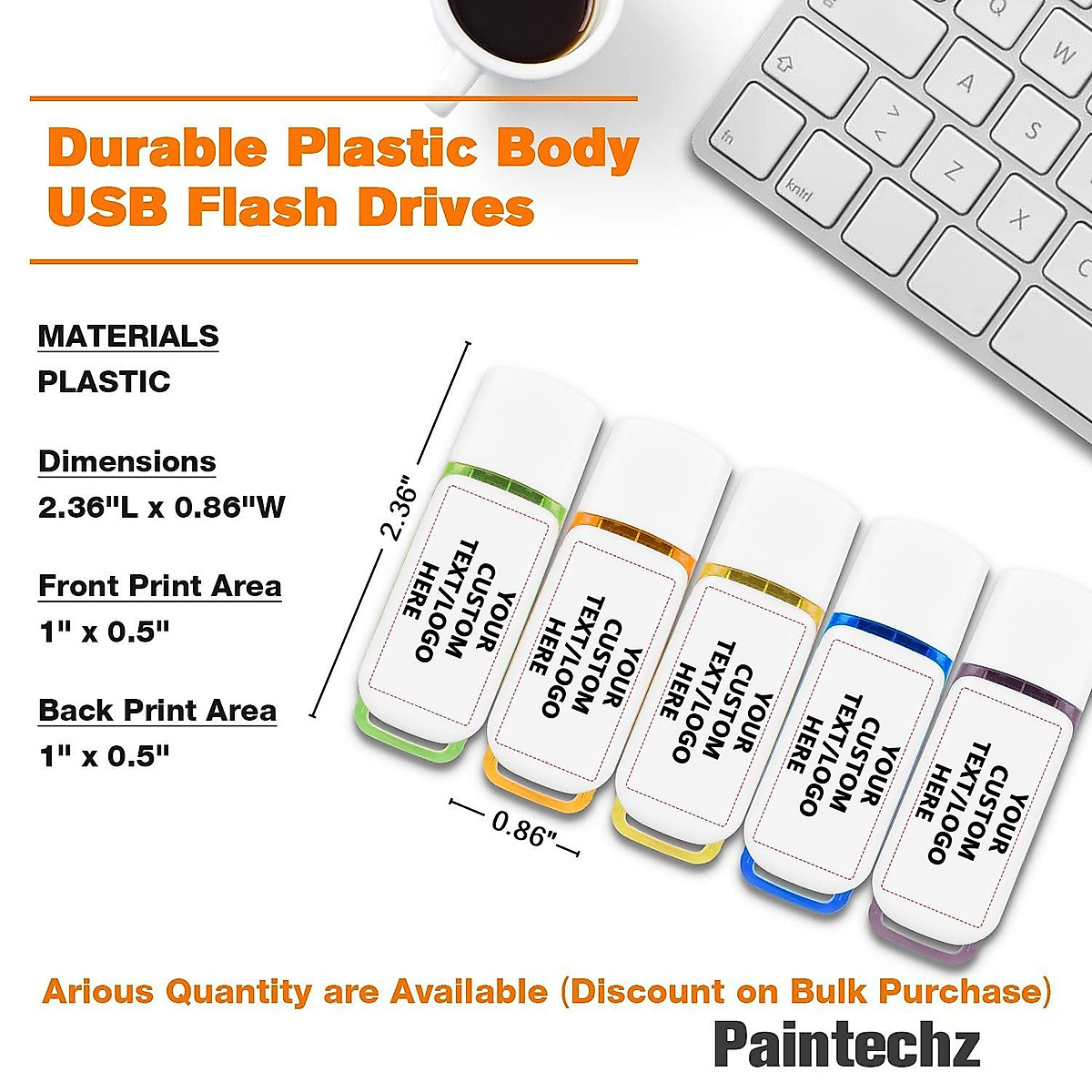 Paintechz Custom USB Flash Drives Bulk 50 Pack, Personalized Thumb Drives with Your Company Logo - Customizable Text - 512MB