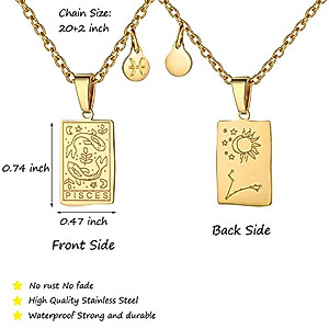 Zodiac Sign Necklace for Women Constellation Tarot Card Pendant Double Sided Gold Stainless Steel Waterproof NonTarnish Friendship Jewelry Gift（Pisces）