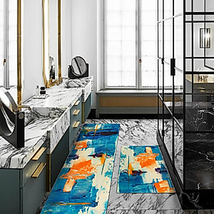 Fuoxowk Turquoise Teal Modern Abstract Kitchen Rug Set,Blue Orange Artistic Painting Decorative Runner Rugs with Rubber Backing,Throw Rugs Washable for Kitchen Sink,Laundry Room,Standing Desk,Boho