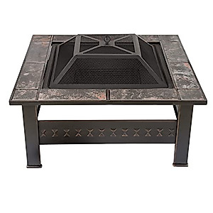 Pure Garden 50-155 Wood Burning Fire Pit Set Includes Screen, Cover and Log Poker-for Outdoor and Patio, 32-inch Marble Tile Square Firepit, Bronze
