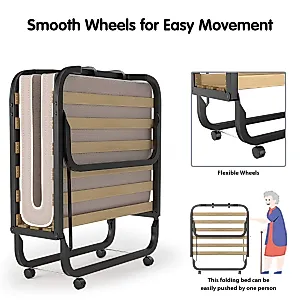KOMFOTT Folding Bed with 4” Mattress, Foldable Rollaway Bed with Memory Foam Mattress for Adults, Portable Fold Up Guest Bed with Sturdy Steel Frame on Wheels, Made in Italy