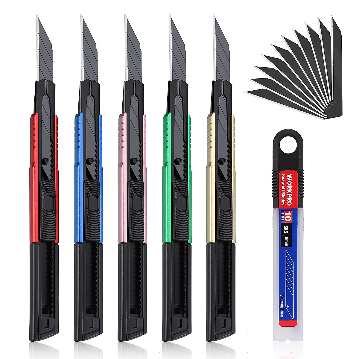 WORKPRO Premium Utility Knife Retractable Snap-off Blade, Heavy Duty Aluminum Box Cutter Set, Razor Knife Exacto Craft Knives, with 10 Extra 9mm Blades, Pack of 5