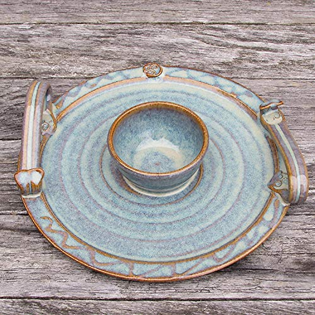 Castle Arch Pottery Handmade Party Platter with Dip Bowl. 9” Diameter Serving Plate with Celtic Spiral Logo. Original Irish Design Hand-Glazed for Durability and Quality of Finish (Green)