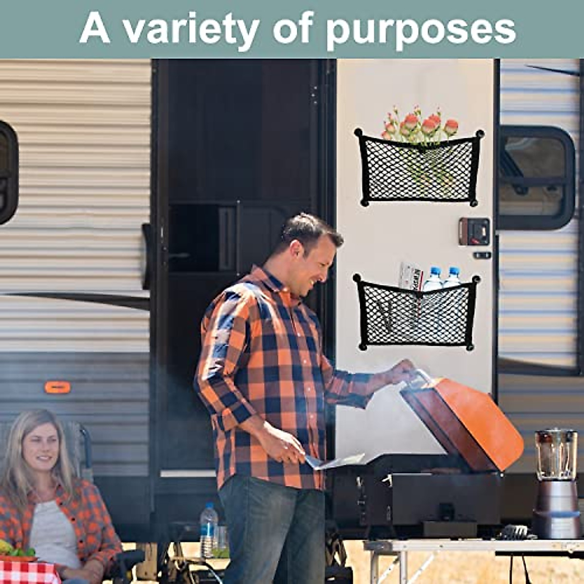 2PCS Small Cargo Net Pocket Storage Mesh Net Elastic Stretchable Automotive Cargo Nets Storage Pouch with 8 Mounting Screws and Hooks for Truck Car SUV RV Boats (17.7 x 9.8 Inches)