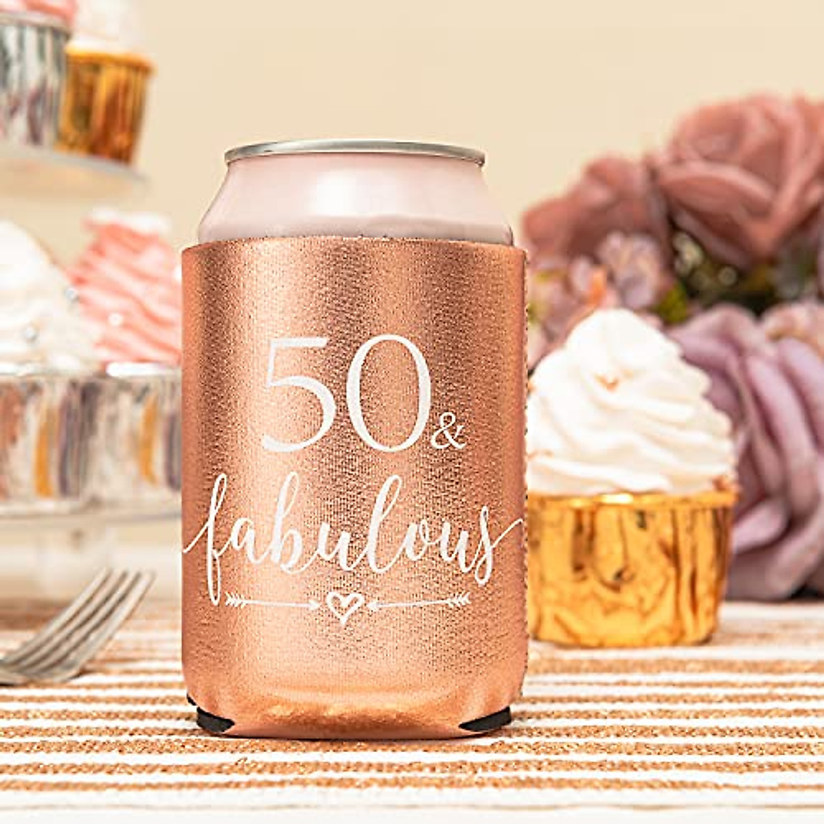 Crisky 50th Birthday Can Cooler for Women 50th Birthday Decorations Rose Gold Can Berverage Beer Sleeve Party Favor, Insulated Can Coolies 50th Birthday Gift Idea for Her 12 Pack