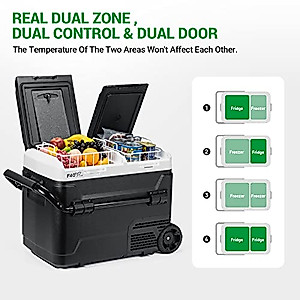 F40C4TMP 12 Volt Portable Refrigerator, 54 Quart Dual Zone Car Freezer With Independent Temperature Control, -4℉ to 68℉,51L Compressor Fridge With Wheels & 2 Baskets For Camping, Travel, Road Trip, Vehicle, Car, Truck, Van, RV, Outdoor and Home--12V/24V D
