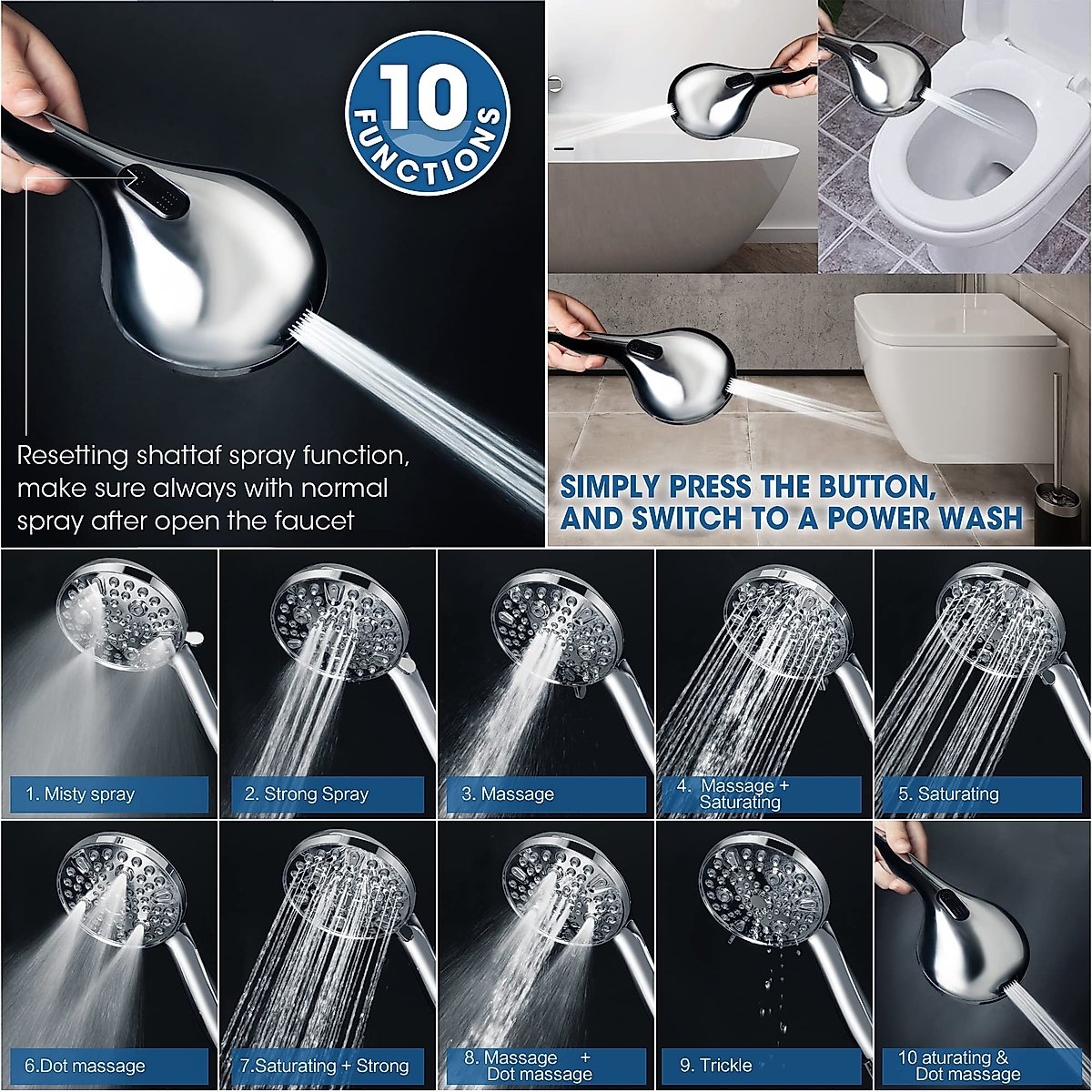 High Pressure 9'' Rainfall Shower Head With Handheld Combo, 10-Setting Handheld Shower Head Built-In Power Wash, 11'' Extension Arm Height/Angle Adjustable With Holder & 60" Hose - Polished Chrome