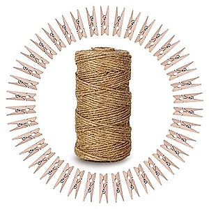 328 Feet Natural Jute Twine with 100 Pcs Mini Natural Wooden Clothespins Photo Pegs Craft Pictures Clips
