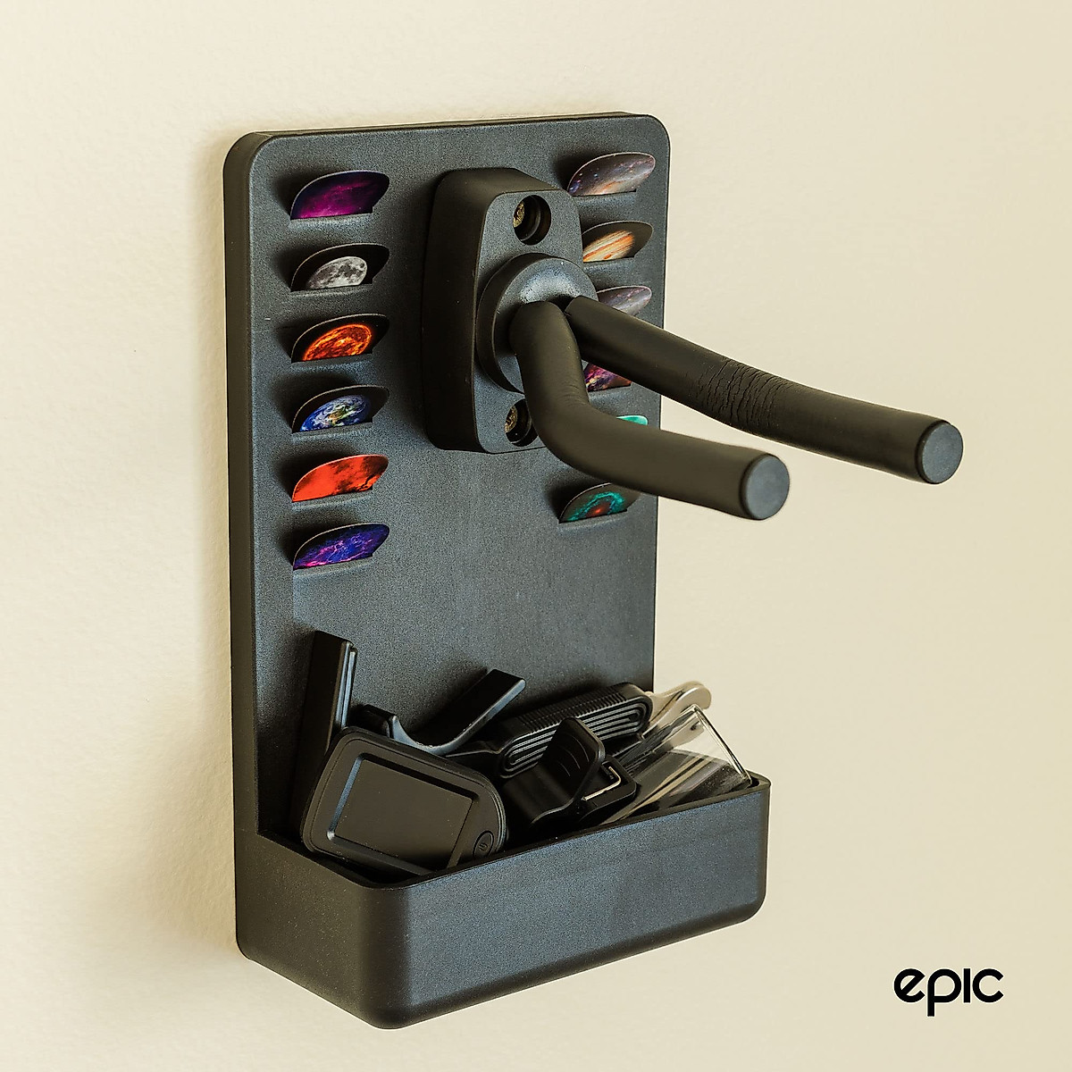 Guitar Wall Mount Hanger Black with Large Storage Compartment Shelf for Guitar Accessories Guitar Mount Guitar Holder Guitar Shelf Guitar Hooks for Wall No Drill Guitar Hanger