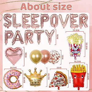 Sleepover Party Supplies for Girls - Rose Gold Sleepover Party Balloon Banner Large Popcorn Donut Pizza Crown Foil Balloons Girls Night Slumber Pajamas Spa Party Birthday Party Decorations