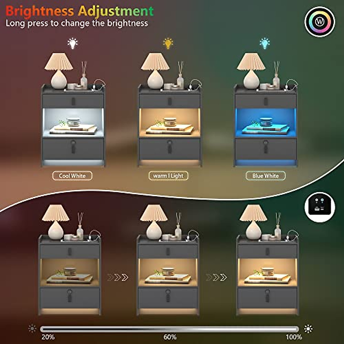 Vlsrka Nightstand with Charging Station, Night Stand with Drawers, LED Nightstands with 24 RGB Colors, Modern Side Table with USB Ports and Open Shelf, Bedside Table for Bedroom, Grey