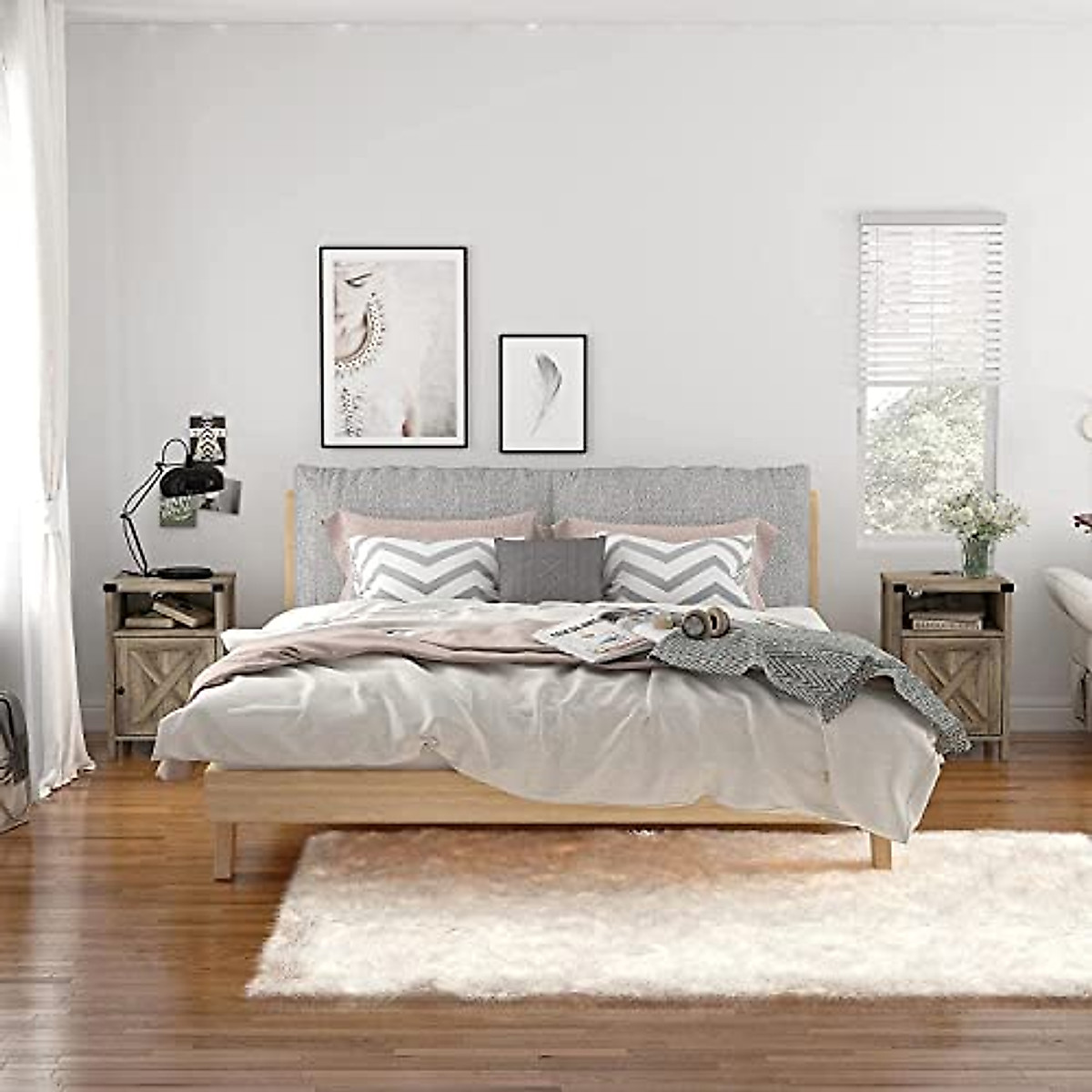 Farmhouse Nightstand Set of 2 with Charging Station,Industrial Bedside Table with Storage Living Room Bedroom Side Table End Table with Barn Door,Grey