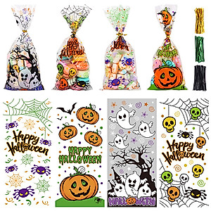 STEFORD Halloween Cellophane Bags,200PCS Clear Candy Cookie Treat Bags with 400 Piece Twist Ties for Halloween Party Favor Supplies