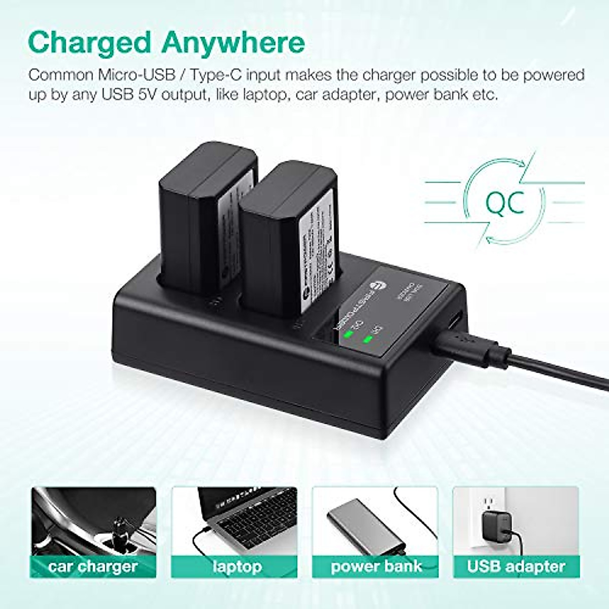 FirstPower NP-FW50 Battery 2-Pack and USB Dual Charger Compatible with Sony A6000 A6300 A6400 A6500 A7 A7II A7RII A7SII A7S A7S2 A7R A7R2 A5100 A5000 RX10 RX10II III Cameras