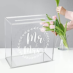 JXQCLR Wedding Card Boxes for Reception,Large 10x10x5.5 inch, Mr and Mrs Gifts, Clear Acrylic Wedding Card Box with Slot