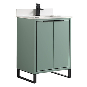 Fine Fixtures Opulence Collection 24 in. W x 18 in. D x 33 in. H Bathroom Vanity in Mint Green with White Matte Sintered Stone Sink - Black Hardware