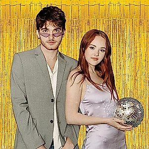 4 Pack 3.2ft x 8.2ft Gold Foil Fringe Curtain Backdrop Metallic Tinsel Foil Fringe Curtains Photo Booth Backdrop for Birthday Party Decorations Christmas Baby Shower Party Decorations (Gold)