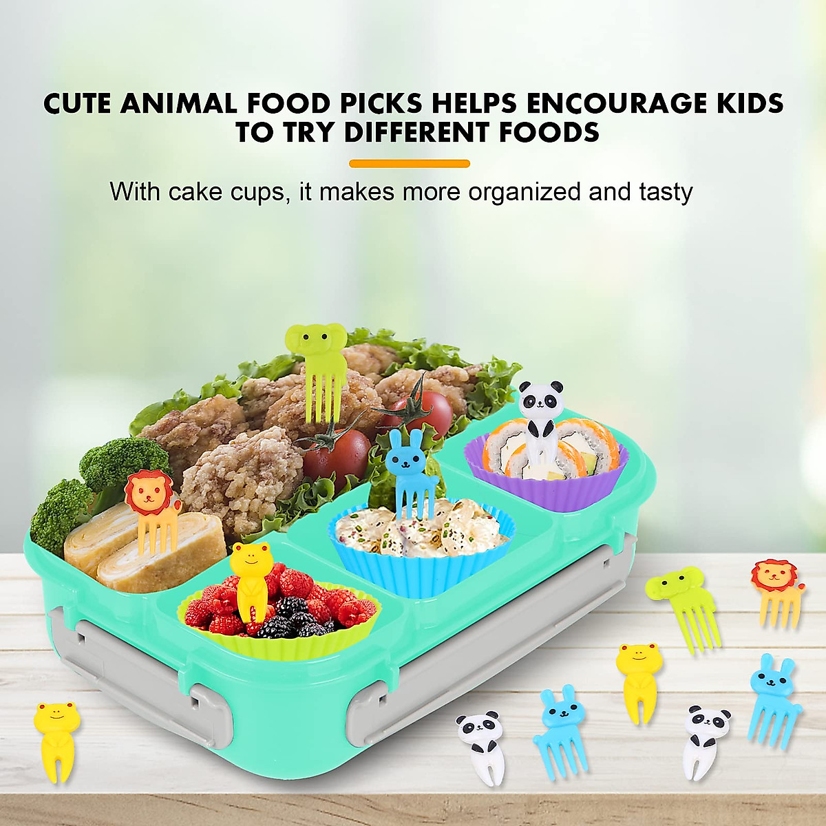 Bento Box, Lunch Box Kids, 1300ML Bento Box Adult Lunch Box with 4 Compartment &Food Picks Cake Cups, Lunch Box Containers for Adults/Kids/Toddler, Leak-Proof, Microwave/Dishwasher/Freezer Safe(Green)