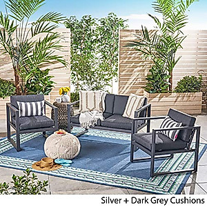 Christopher Knight Home Navan Outdoor 4-Seater Aluminum Chat Set, Silver / Dark Grey Cushions