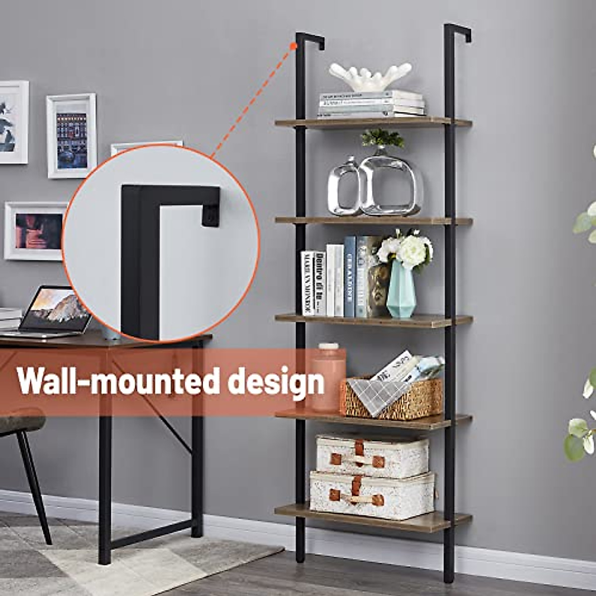SUPERJARE Industrial Ladder Shelf, 5-Tier Wood Wall-Mounted Bookcase with Stable Metal Frame, 72 Inches Storage Rack Shelves Display Plant Flower, Stand Bookshelf for Home Office - Vintage Brown