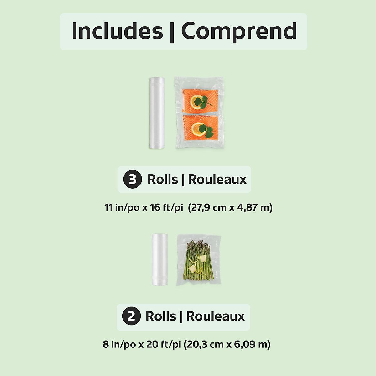 FoodSaver Vacuum Sealer Bags, Rolls for Custom Fit Airtight Food Storage and Sous Vide, 8" (2 Pack) and 11" (3 Pack) Multipack (Packaging May Vary)