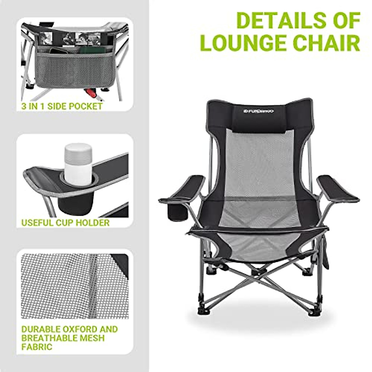 FUNDANGO Reclining Camping Chair 3-Position Adjustable Folding Lounge Chairs with Footrest for Adult Support Up to 300lbs, Suit for Lawn,Office,Backyard,Camping,Concert,Garden(Black/MediumGrey)