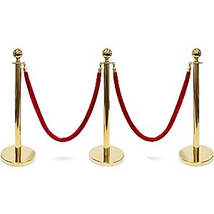 Electriduct 3 Foot Gold Stanchion Posts with Red Velvet Rope Crowd Control Queue Line Pole Barrier Metal 3 Posts, 2 Ropes
