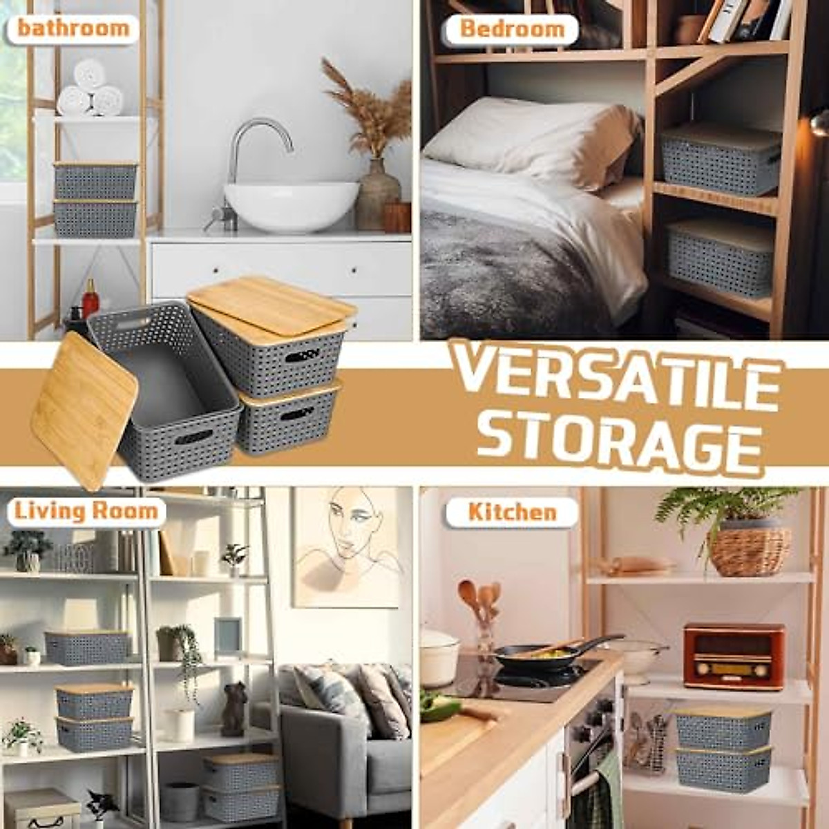 Barydat 4 Pack Plastic Storage Baskets with Bamboo Lid Pantry Organization Storage Containers Lidded Bins Container for Shelves Drawers Desktop Closet Playroom Classroom Office(Gray)