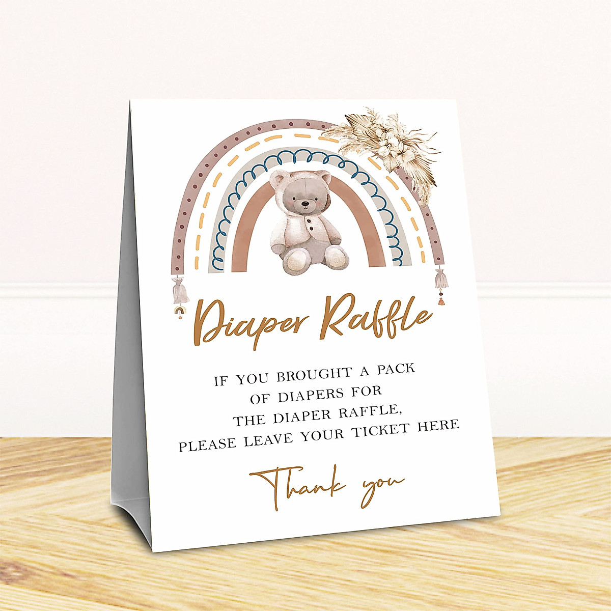 50 Diaper Raffle Tickets and 1 Self-standing Diaper Raffle Sign, Bear Boho Rainbow Baby Gender Reveal Party Supplies, Gender Neutral Baby Shower Decorations - LBLK-017