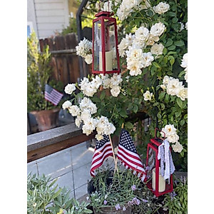 Red Outdoor Solar Lanterns - 11 Inch, Set of 2, Metal & Glass, Waterproof Flameless Pillar Candle, Dusk to Dawn Timer, Flickering LED Light, Rustic Vintage Patio