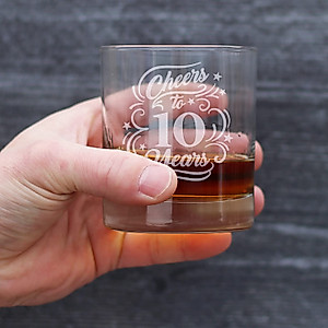 Cheers to 10 Years - Whiskey Rocks Glass Gifts for Women & Men - 10th Anniversary Party Decor - 10.25 Oz Glass