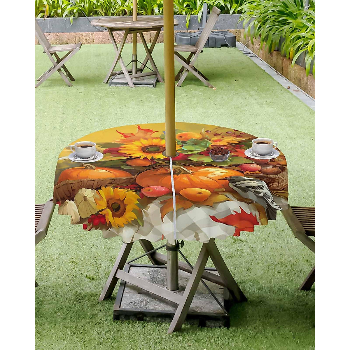 Huotupsine Fall Thanksgiving Outdoor Tablecloth - 60 Inch Round Dining Table Cover, Pumpkins Birds Sunflower Oil Painting Waterproof Outdoor Table Cloth with Umbrella Hole & Zipper for Picnic/Patio