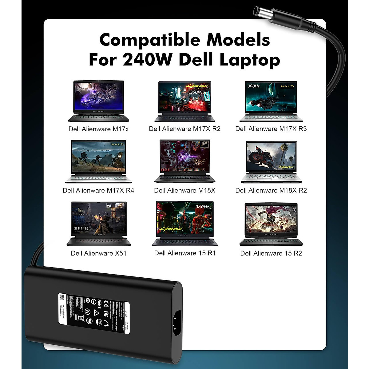 New Slim Replacement for Dell 240W AC Adapter fit Alienware Laptop Charger Precision 7770, G7 15 7500 17 7700, Alienware 15 17 M15 M17 X51 LA240PM180 7.4 mm Barrel with Power Cord