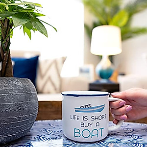 Pavilion Gift Company Life Is Short Buy A Boat 17 Oz Stoneware Lake Or Beach Coffee Cup Mug, White
