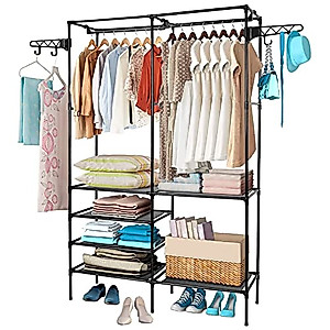 KOCASO Clothes Garment Rack 42.1"x14"x66.1", Metal Clothing Rack, Freestanding Wardrobe Closet Rack with 4 Shelves, Closet Organizer with 2 Hanging Rods Black