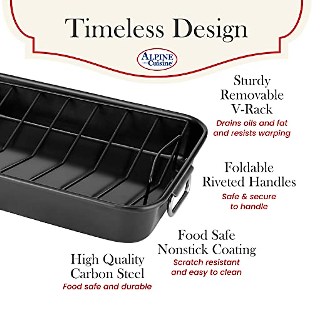 Alpine Cuisine Turkey Roaster Pan with Rack 16-Inch - Nonstick Coating Carbon Steel Pan - Black & Heavy Duty Roasting Pan - Easy to Clean, Multipurpose Use - Durable & Dishwasher Safe