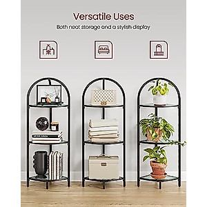 VASAGLE 3-Tier Corner Shelf Stand, Corner Bookshelf, Bathroom Organizer, Plant Stand, Tempered Glass, Steel Frame, Modern Style, for Living Room, Bathroom, Kitchen, Classic Black ULGT811B61