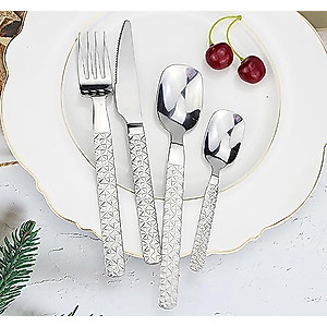 Silverware Set Flatware Cutlery Geometric Hammered Stainless Steel Kitchen Utensils Tableware，Mirror Finished，Service with Steak Knives Dinner Fork Knife Spoon