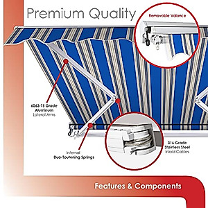 ADVANING MA1210-A447H2 Luxury Series, Premium Quality Manual Retractable Patio Awning, 100% Solution Dyed European Acrylic Easy UV Sunshade Manual Hand Crank, 12'x10', Ocean Blue - Sand Beige Stripes