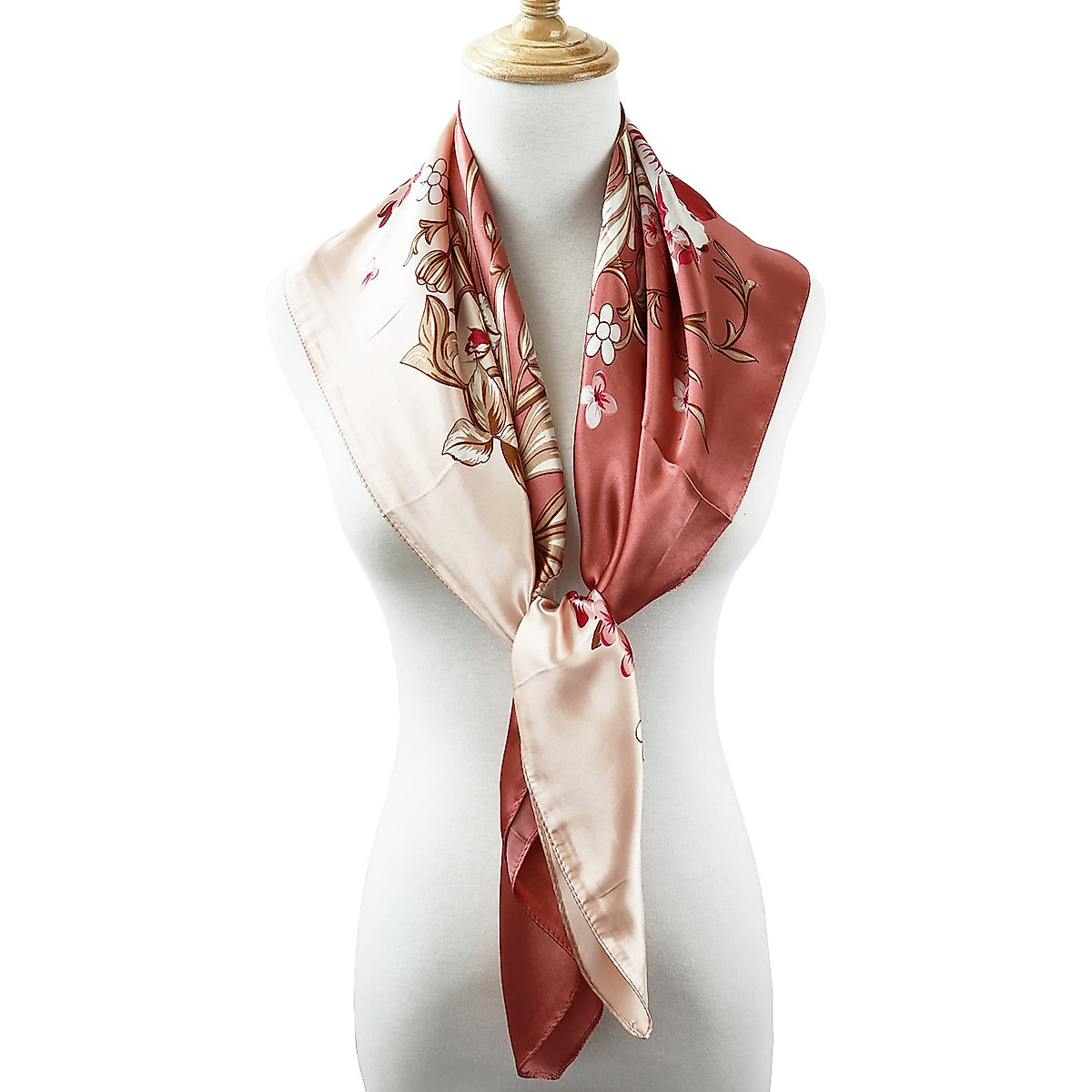 vabovin 35" Women's Kerchief Neckerchief Satin Square Silk Feeling Scarf for Hair Wrapping at Night (Pink Flowers)