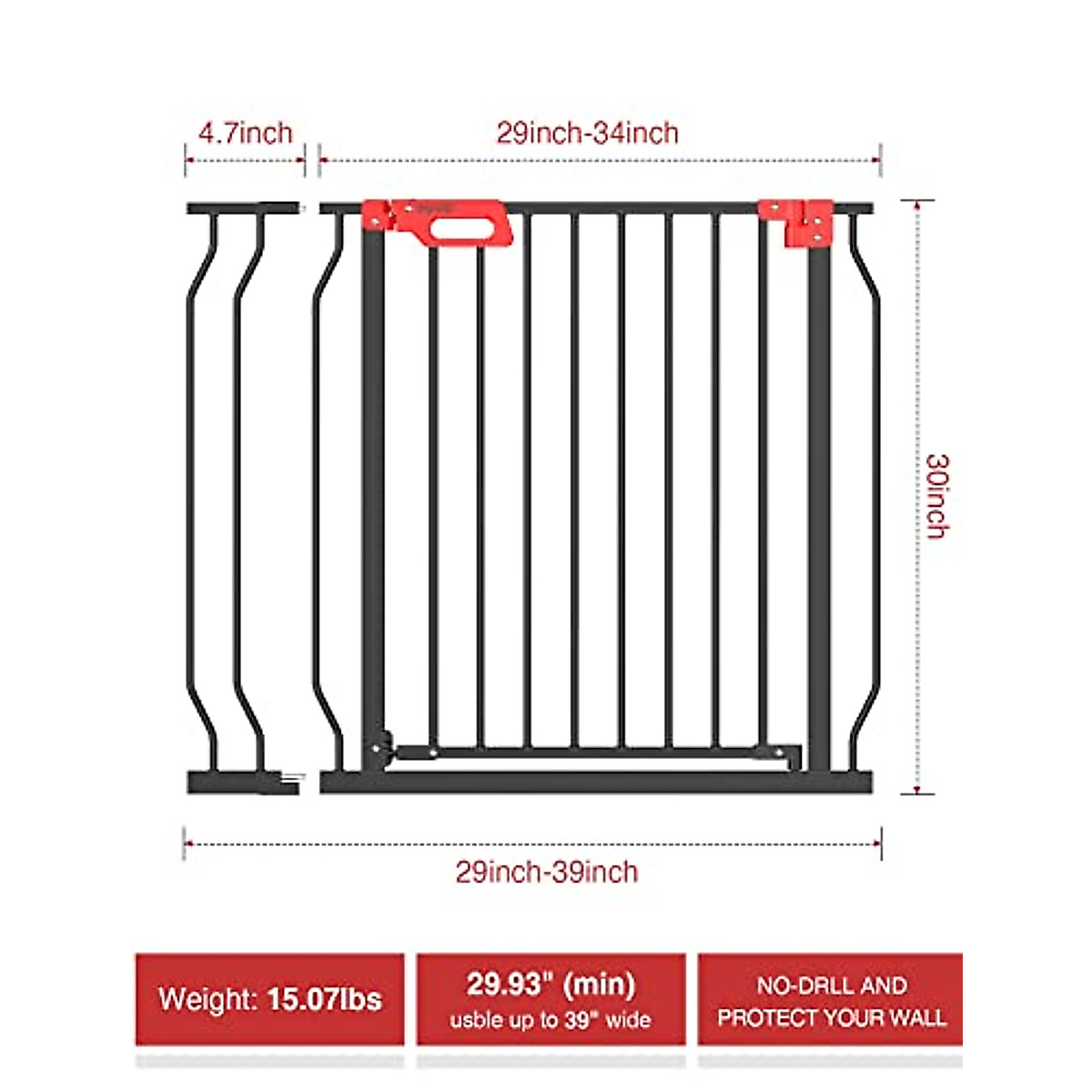 Syvio Baby Gate for Stairs and Door Ways, Dog Gates for The House 29" to 39" with Auto-Close, Pet Gate for Indoor with Wall Protectors and Extenders, No Drilling (Black)