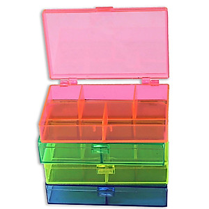BIN BUDDY Set of 4 | Colored Transparent Plastic Boxes | 4.5" (11.4 cm) x 3" (7.6 cm) x 1" (2.5 cm) | Hinged Lids, 5 Internal Sections | For Crafts, Sewing