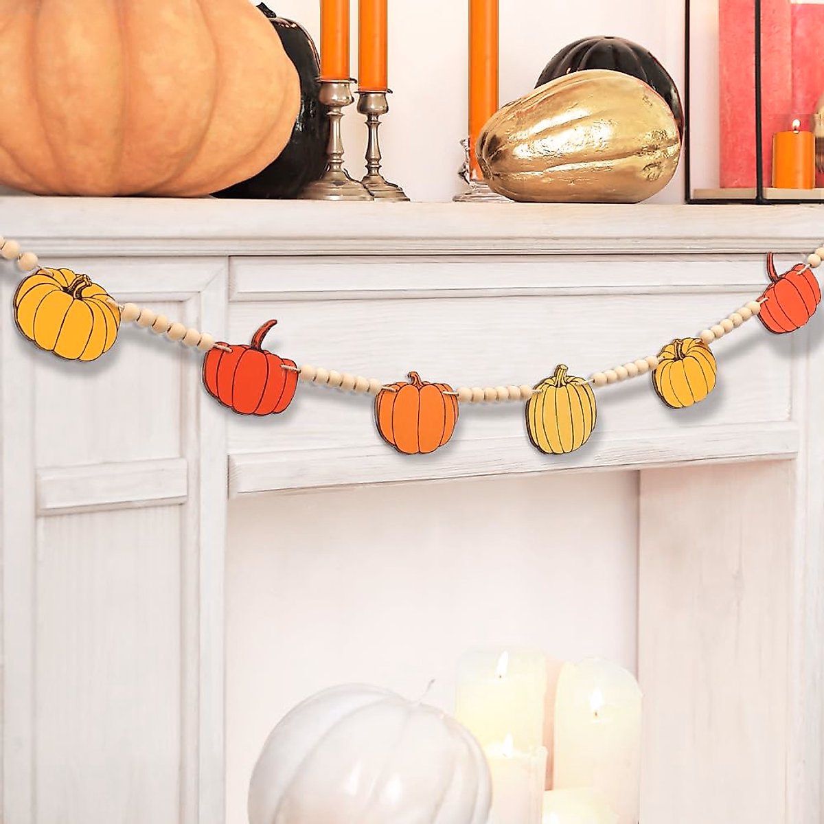 AKEROCK Fall Thanksgiving Garland for Mantle, Farmhouse Wood Pumpkin and Bead Thanksgiving Banner for Home Fireplace Mantel Decor - Pumpkin Garland Thanksgiving Decorations Indoor
