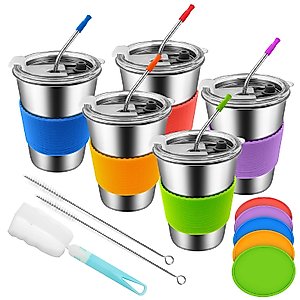Uarzt Kids Cups with Straws and Lids, Toddler Sippy Cup Spill Proof, Unbreakable Stainless Steel Drinking Tumbler with Sleeves for Kid and Adult, Water Mug with Bonus Coasters & Brushes (12oz, 5 Pack)