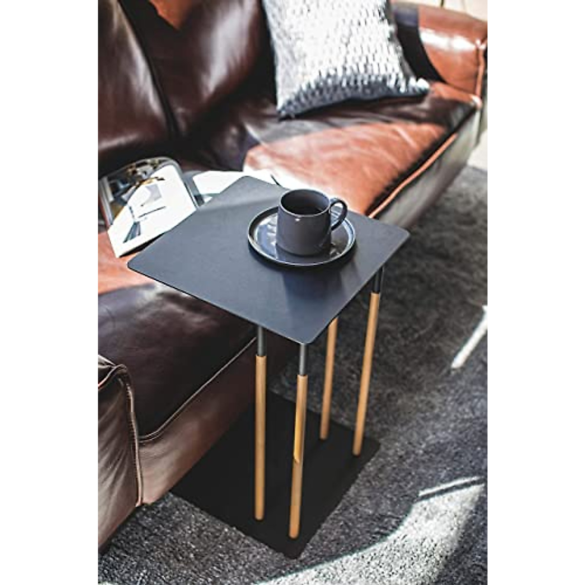 YAMAZAKI Home Metal and Wood Sliding Sofa C End Coffee Tray Laptop Desk, Modern Bedside Or Living Room Small Accent Table | Steel, One Size, Black